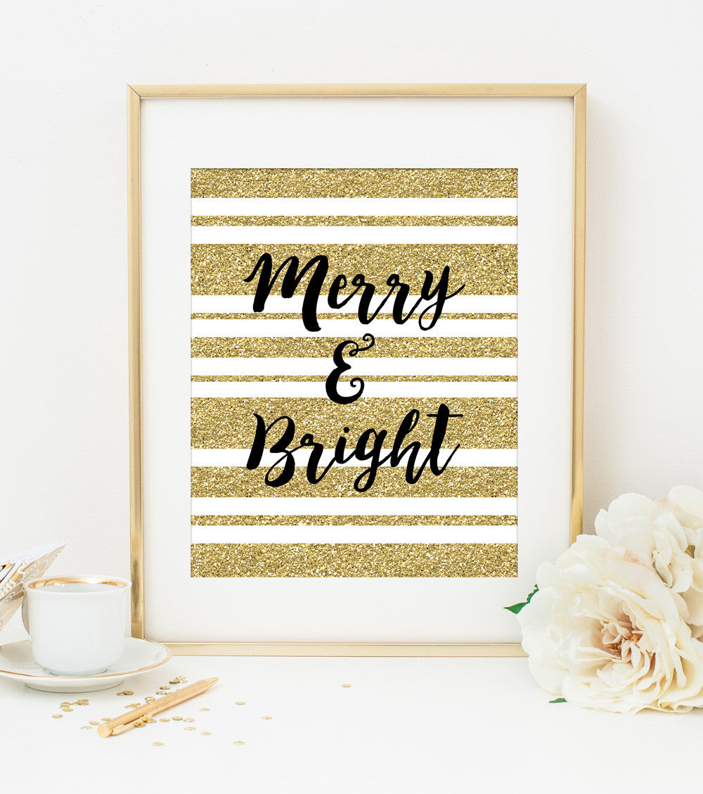 Merry & Bright Gold Sparkle Art Print - Christmas Holiday Home Decor ...